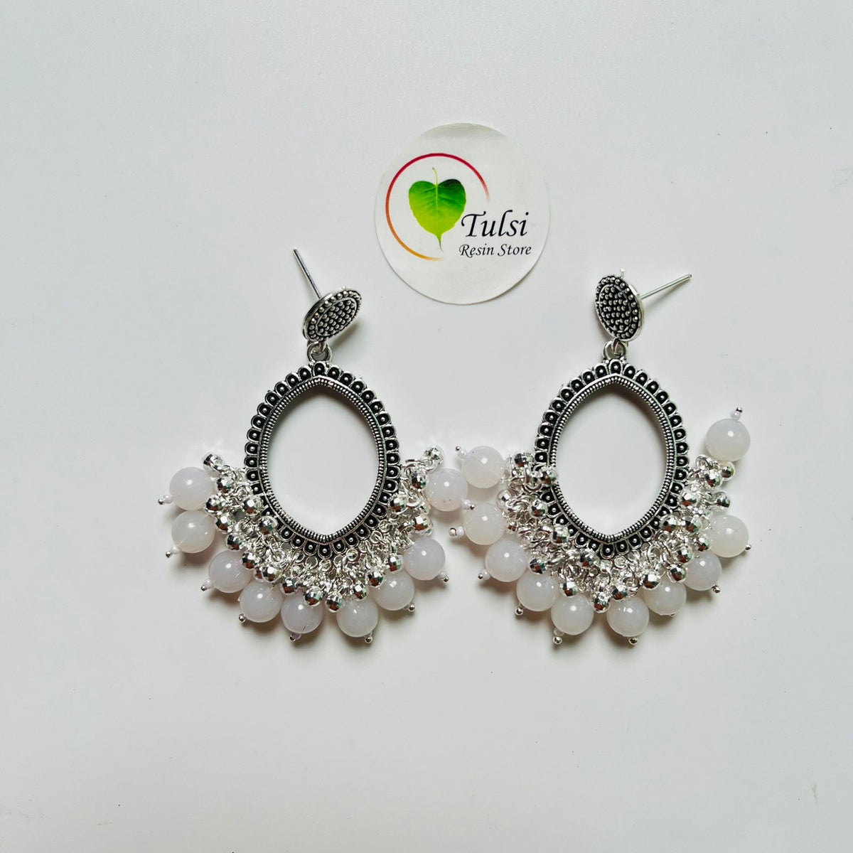 Oval Jhumka Bazel With Moti (Silver) – Tulsi Resin Store